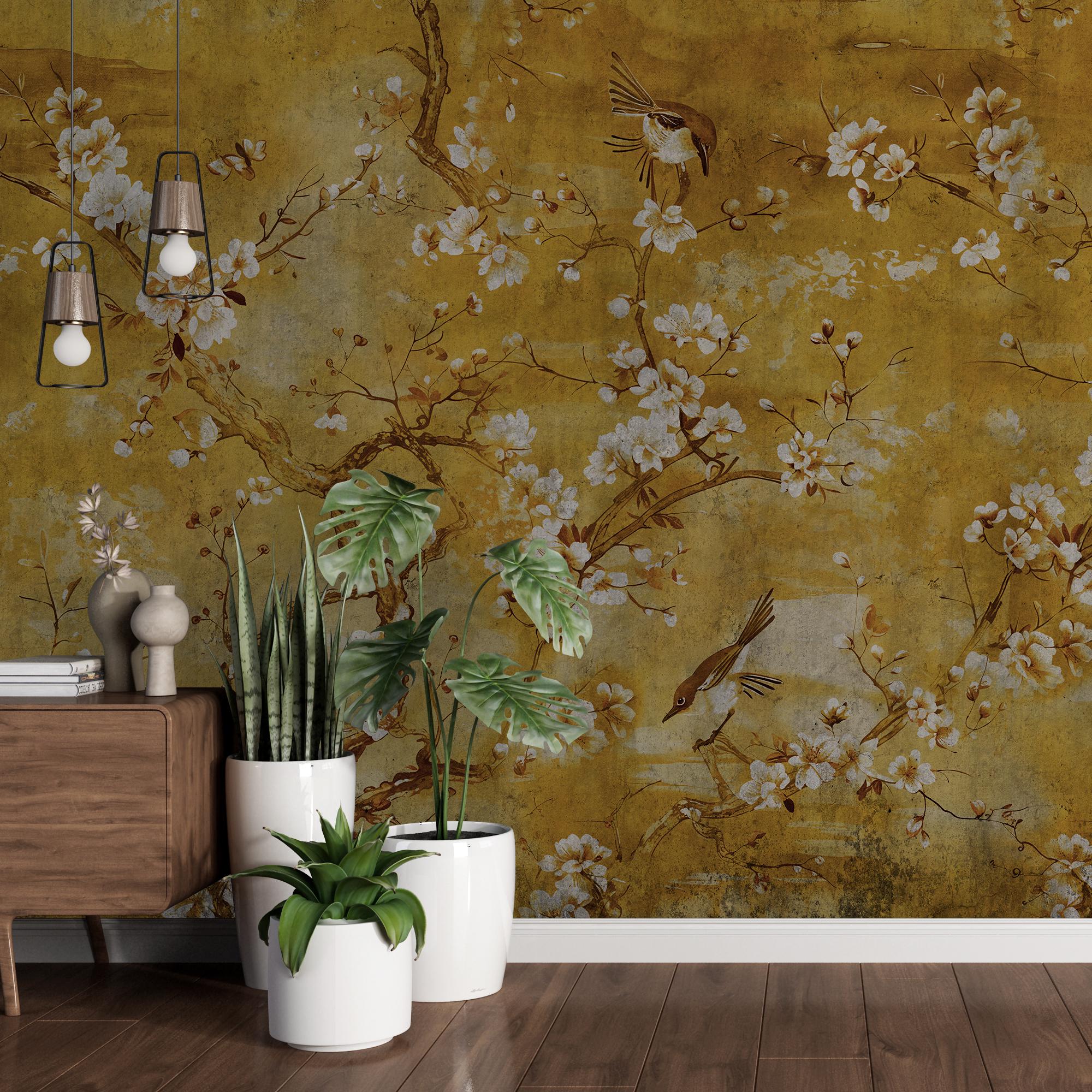 Gold Chinoiserie Wallpaper, Concrete Mural, Removable Peel Stick Vinyl ...
