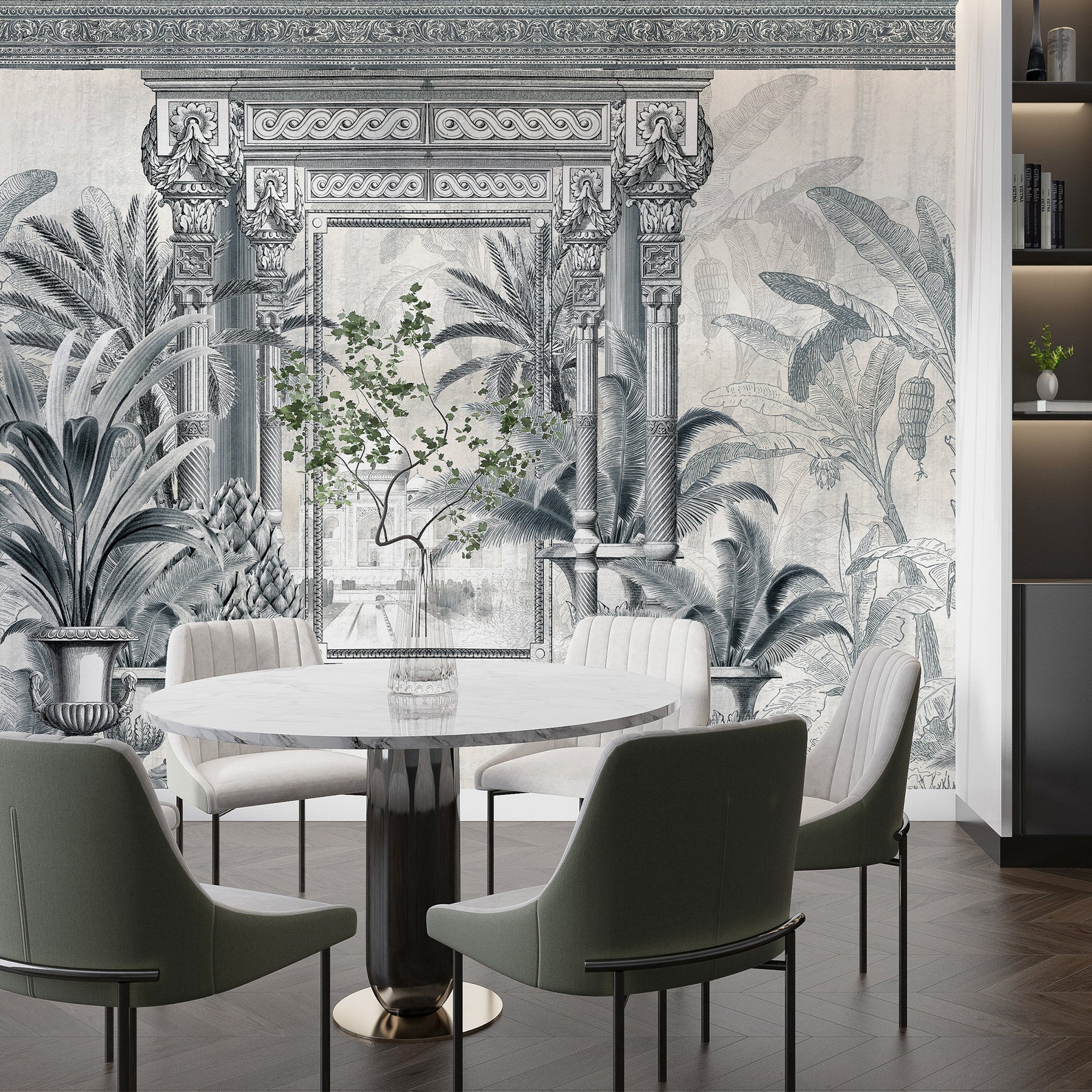 Indian Wallpaper With Temple Columns and Vases in Jaipur Jungle Mural ...