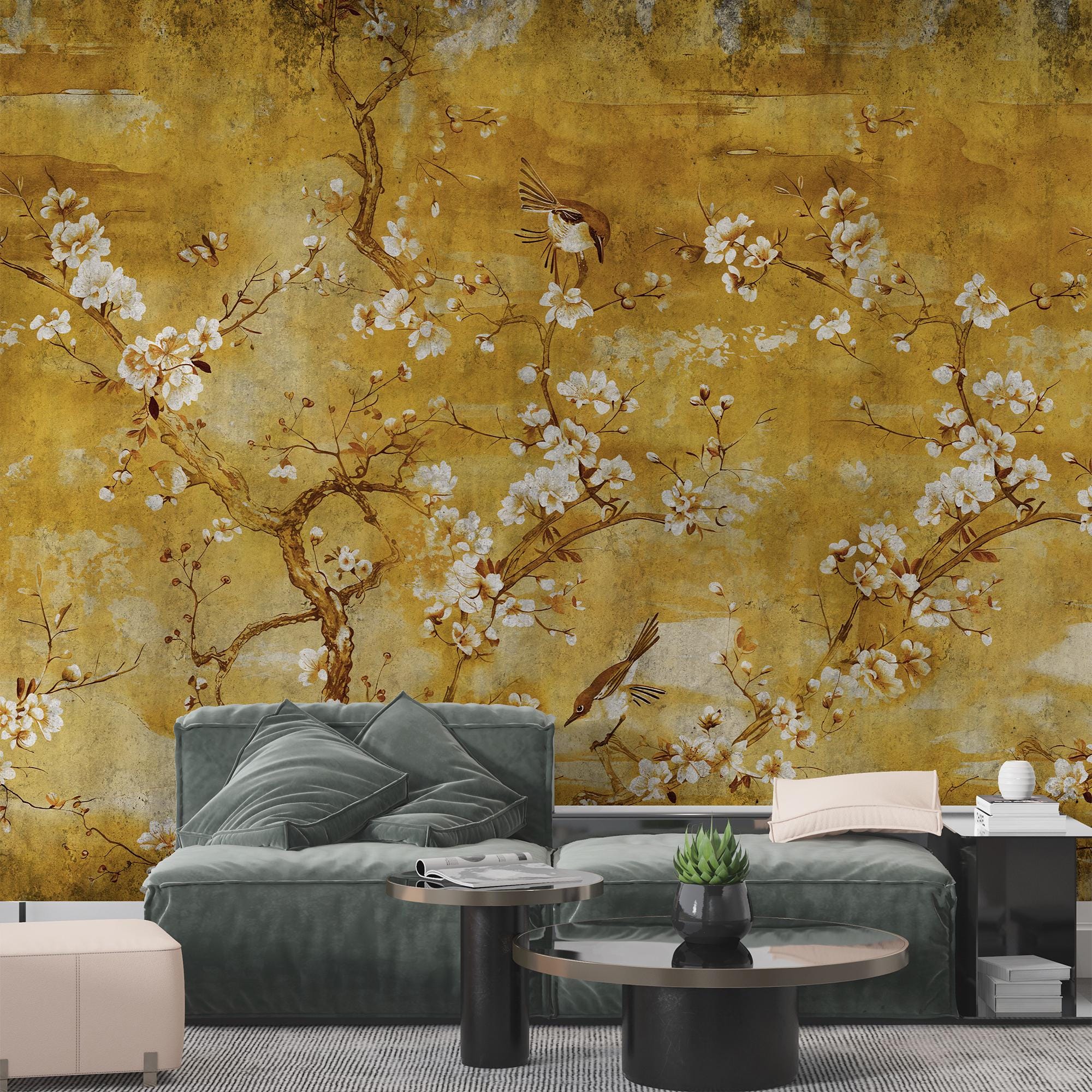 Gold Chinoiserie Wallpaper, Concrete Mural, Removable Peel Stick Vinyl ...
