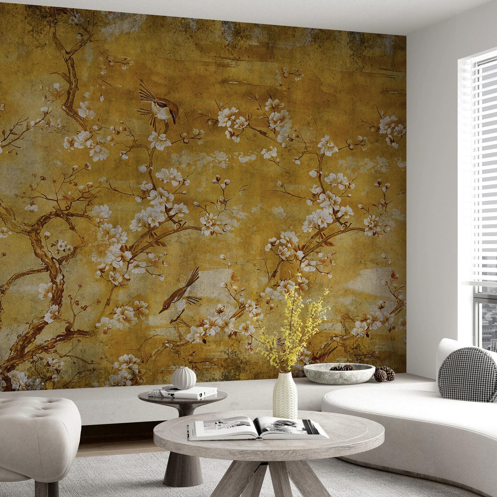 Gold Chinoiserie Wallpaper, Concrete Mural, Removable Peel Stick Vinyl ...