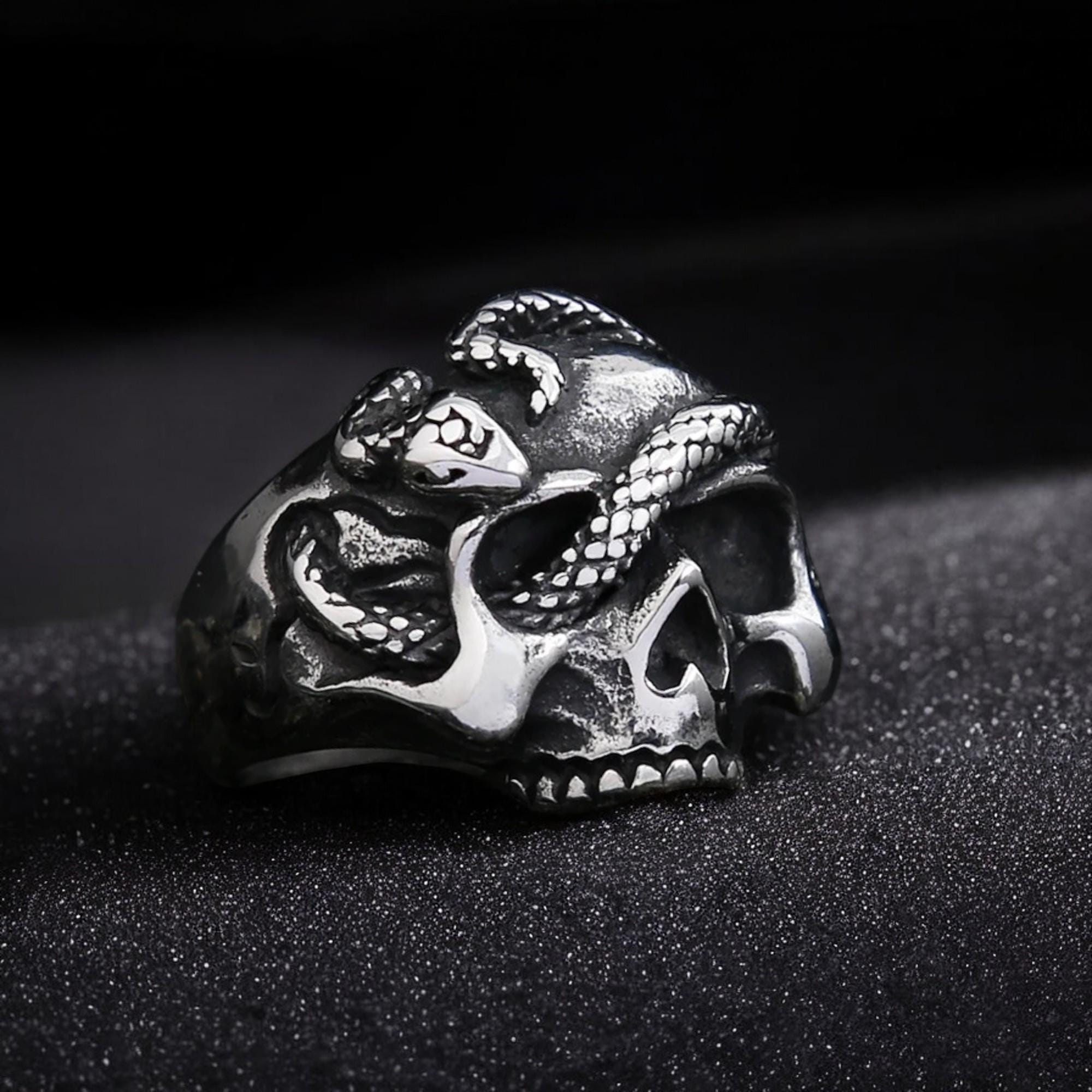 Gothic Skull Snake Ring Silver Snake Wrapped Skull Ring, Gothic Jewelry for Men, Occult ...