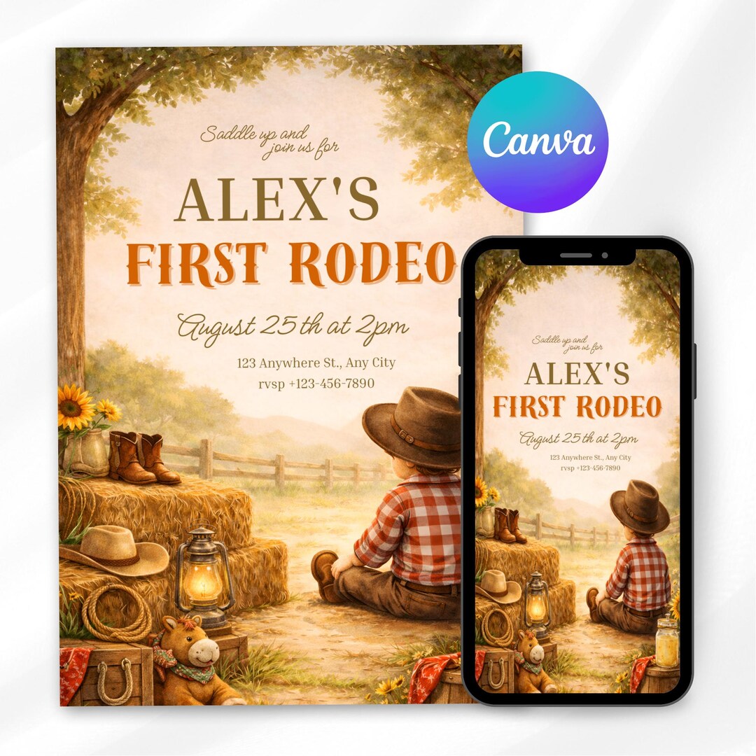 First Rodeo Birthday Invitation Template, Editable Western Cowboy ...