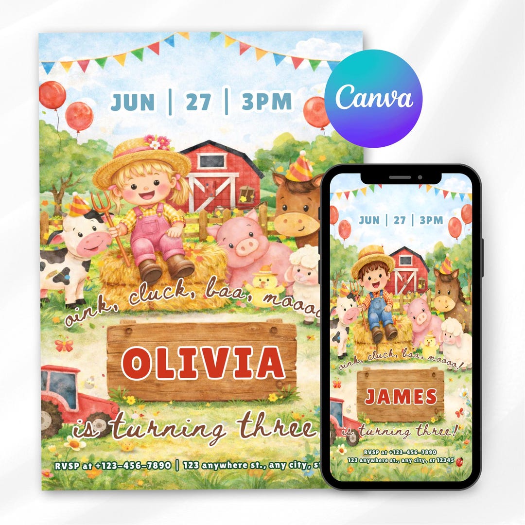 Farm Birthday Invitation Template, Editable Cute Farm Party Invite ...
