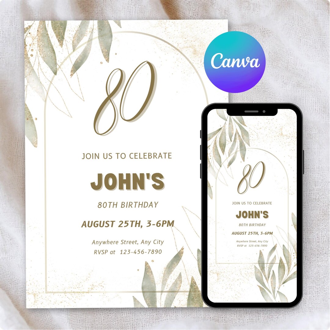 80th Birthday Invitation Template, Printable 80th Birthday Party Invite ...