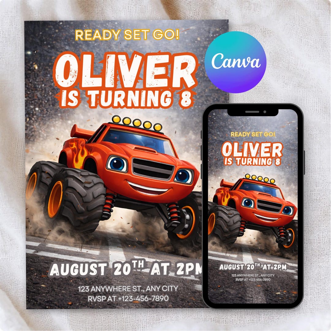 Blaze Birthday Invitation, Monster Truck Birthday Invitation, Blaze ...