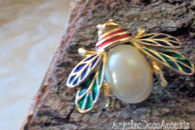 Vintage Insect Pin Multi Enamel Jelly Belly Broochcostume Jewelrywinged Bugpearl Like Gold