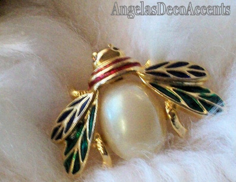 Vintage Insect Pin Multi Enamel Jelly Belly Broochcostume Jewelrywinged Bugpearl Like Gold