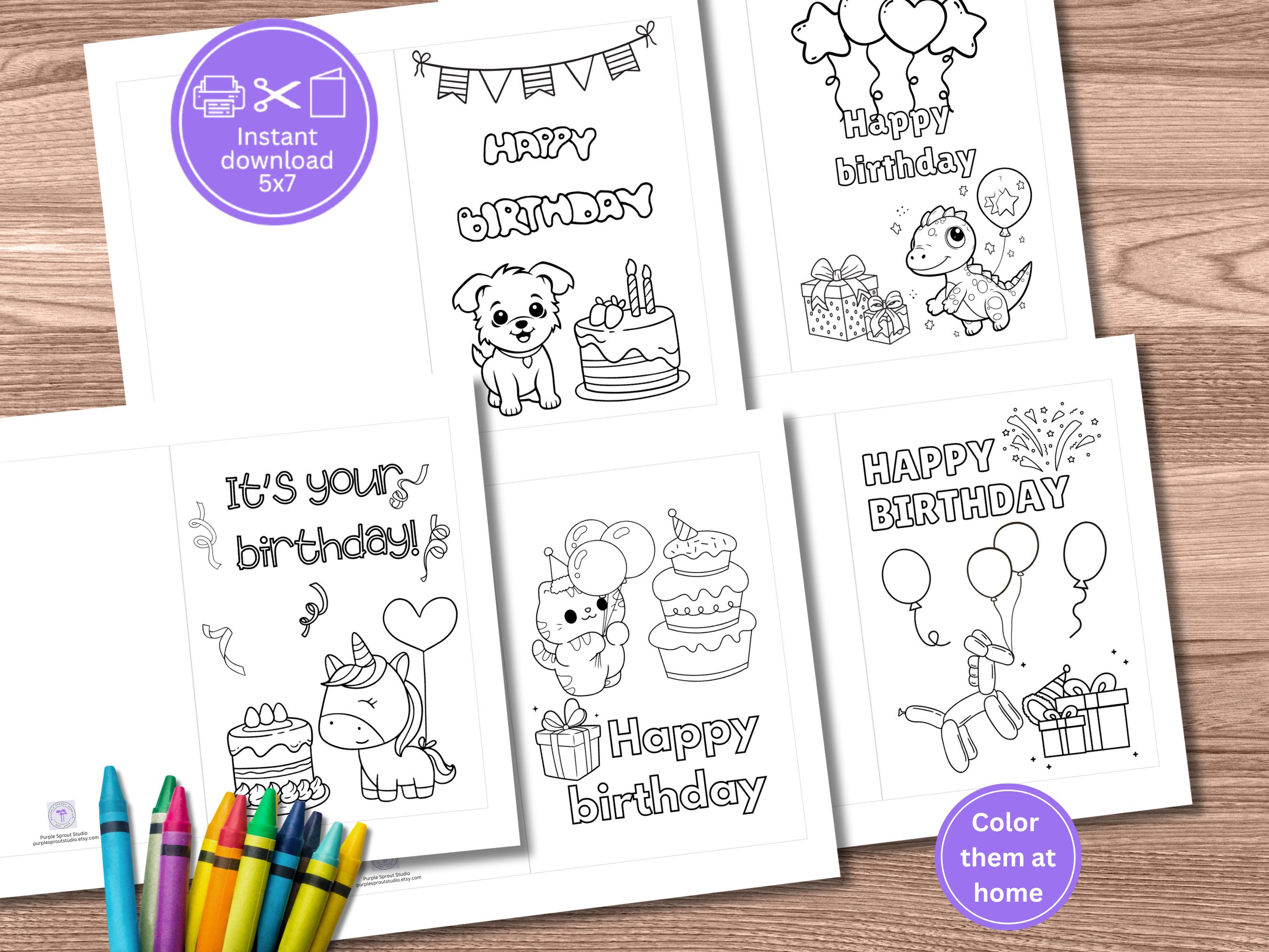 Printable Kids Coloring Birthday Card |birthday Coloring Page | DIY ...