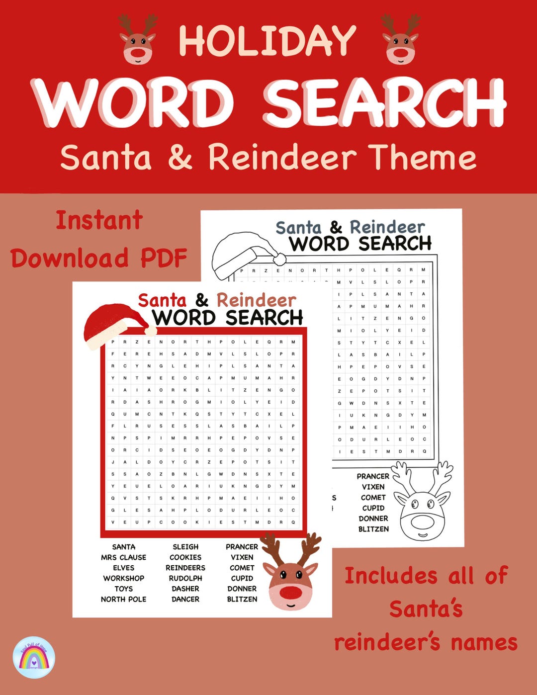 Holiday Word Search - Santa and Reindeers/ Christmas Activity Puzzle ...
