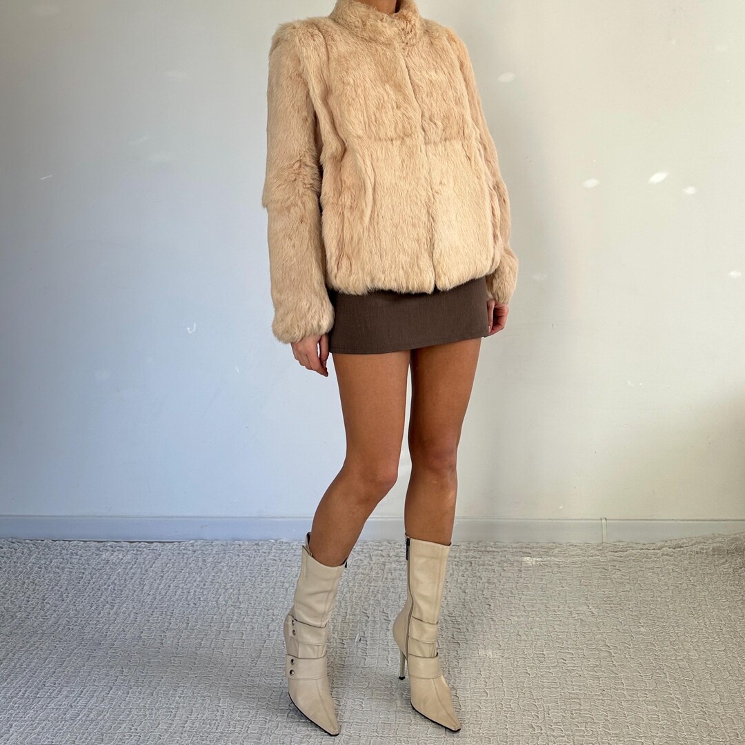 Vintage Rabbit Fur Coat Jacket / Cream Beige Light Brown Real Fur ...