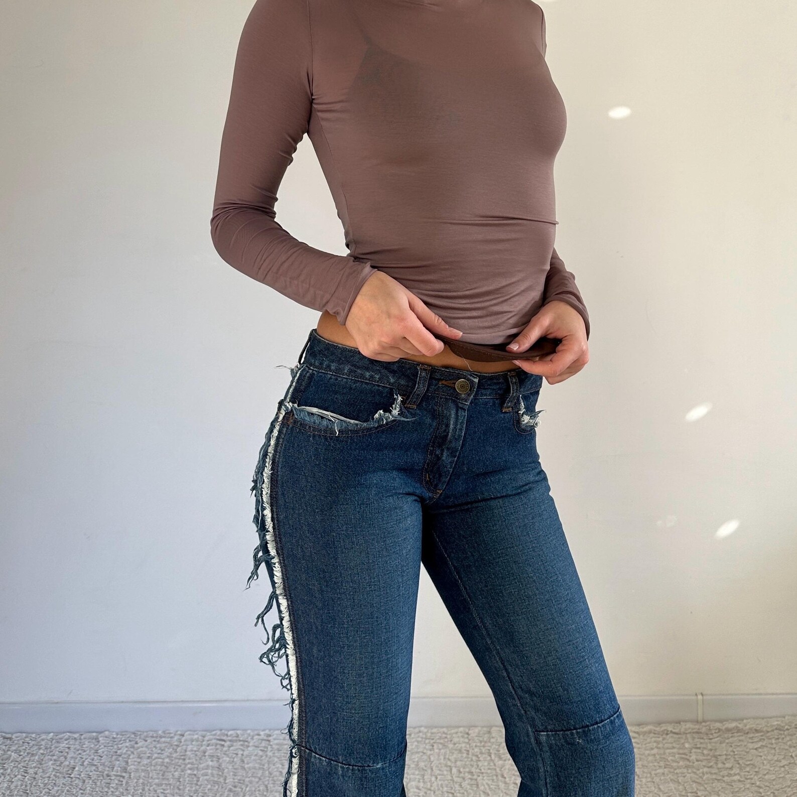Vintage Low Waist Flared Jeans / Boho Fringed Denim Jeans / Naf Naf ...