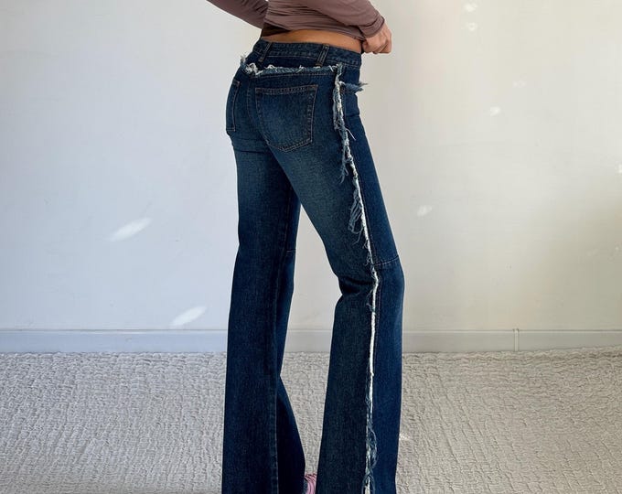 Vintage Low Waist Flared Jeans / Boho Fringed Denim Jeans / Naf Naf ...