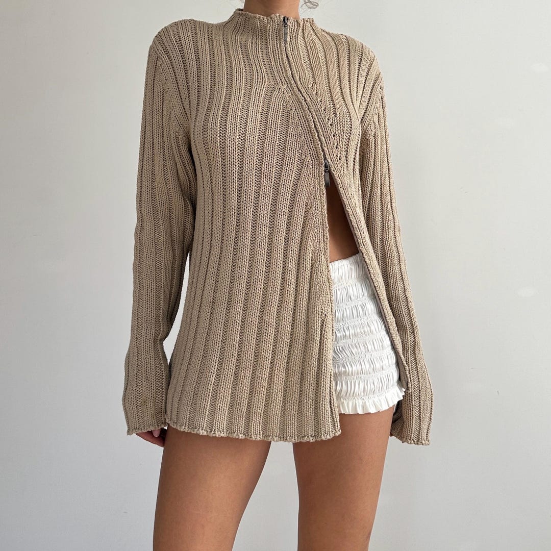 Vintage Asymmetric Double Zip Sweater / Cable Knit Warm Cardigan ...