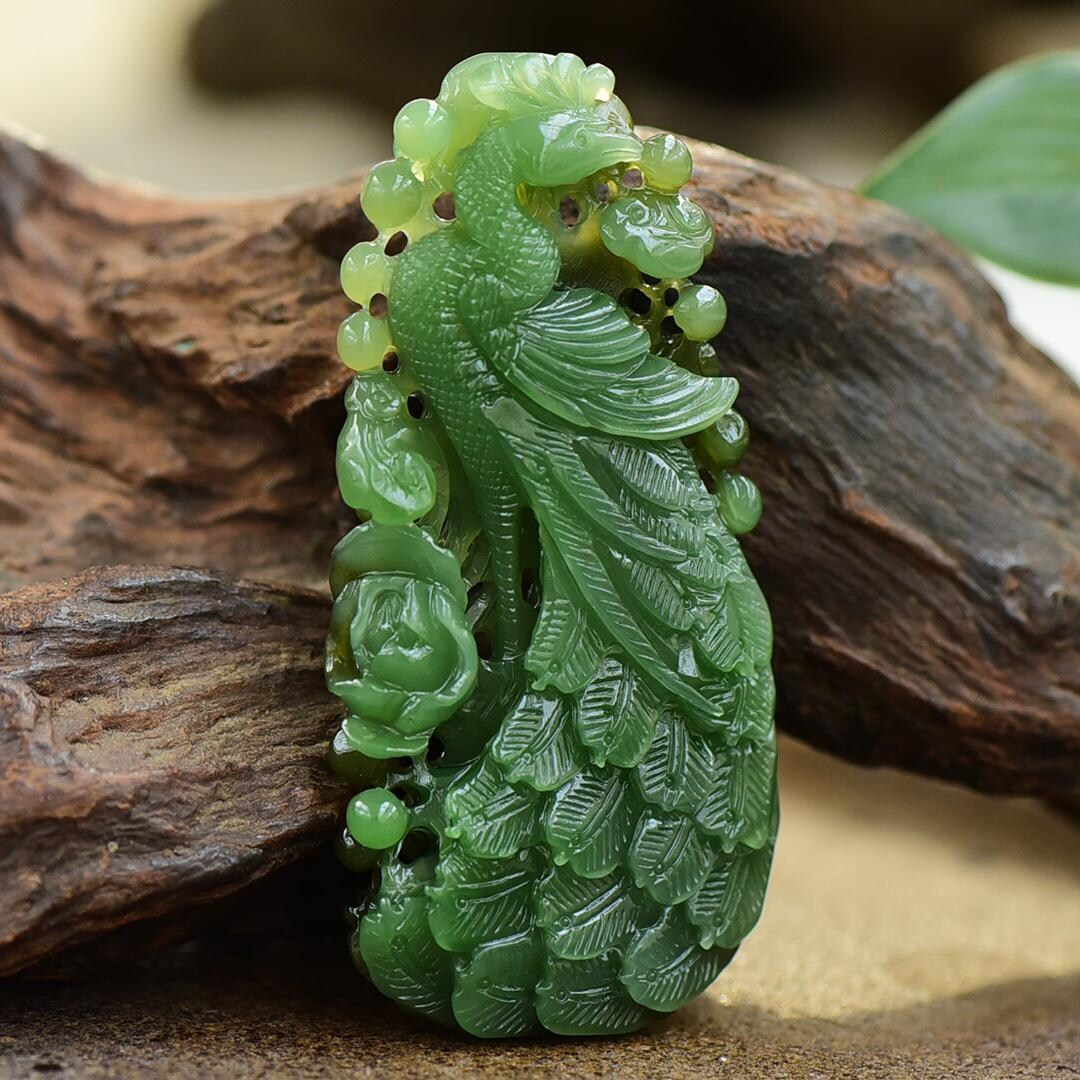 M1181 Chinese Natural Green Jade Carved Phoenix Pendant W Certificate ...