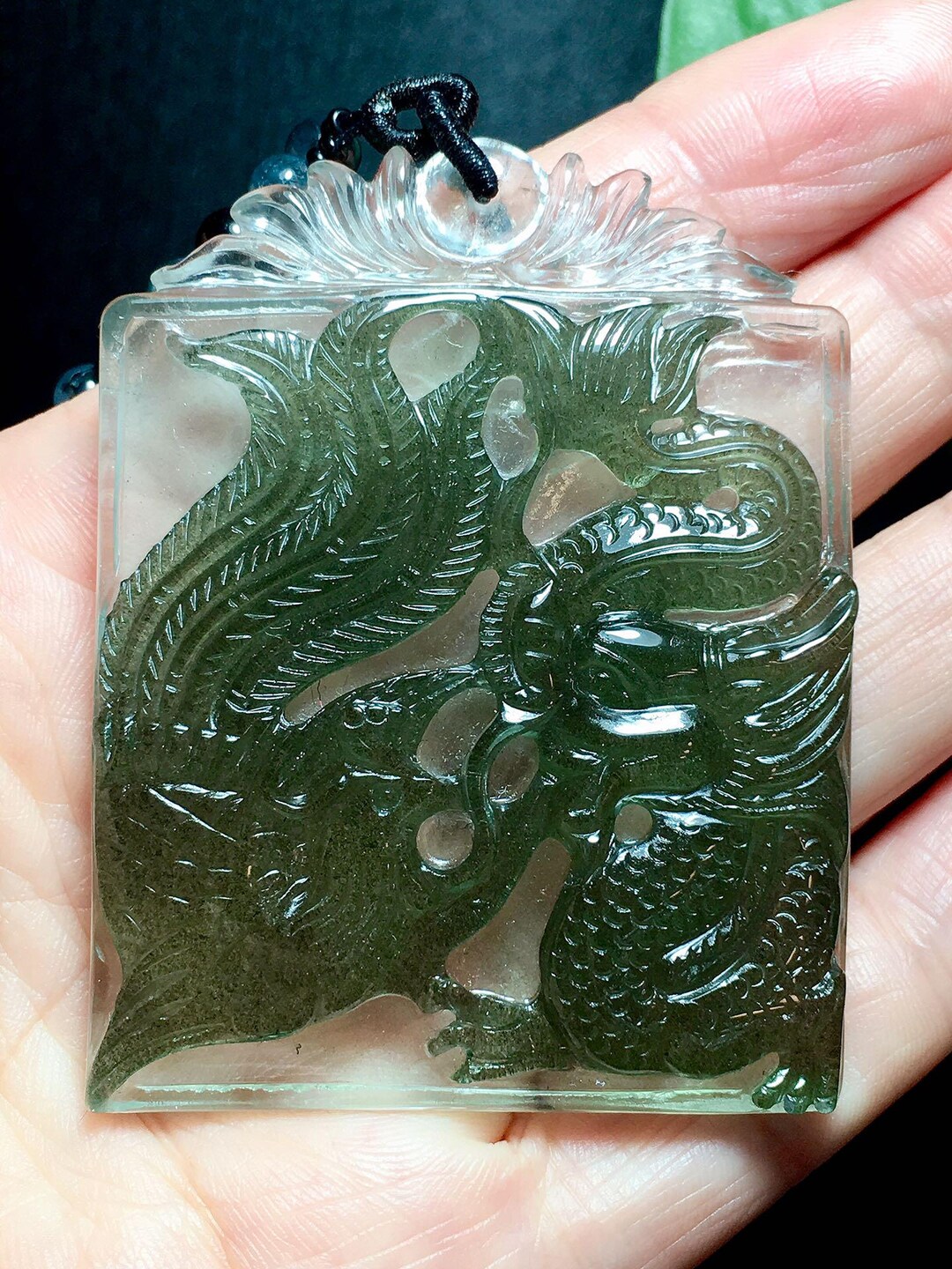 M2299 Natural Green Crystal Dragon Phoenix Pendant W Certificate - Etsy
