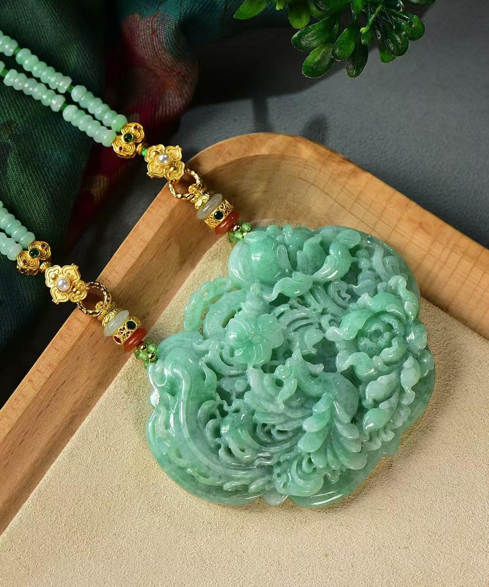 M883 Natural Green Jadeite Carved Phoenix & Peony Pendant W Necklace - Etsy