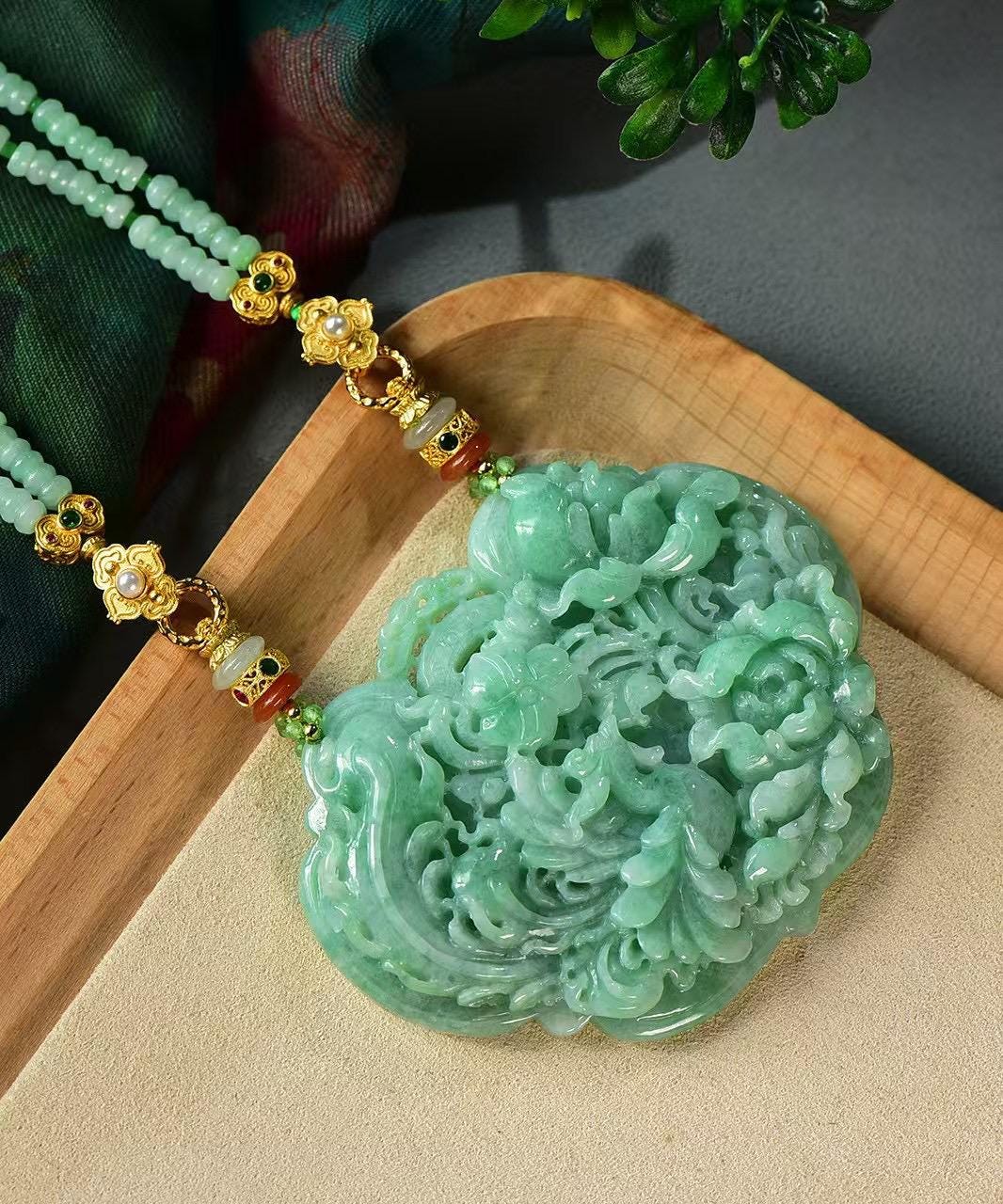 M883 Natural Green Jadeite Carved Phoenix & Peony Pendant W Necklace - Etsy