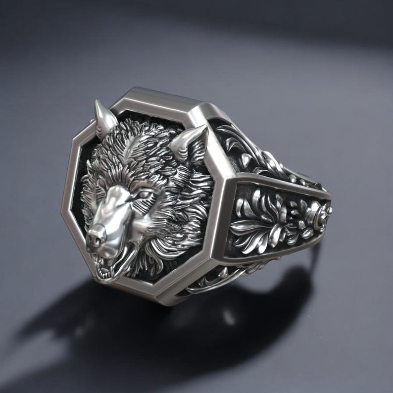 Wolf Head Signet Pattern Men Ring 925 Sterling Silver Jewelry Handmade ...