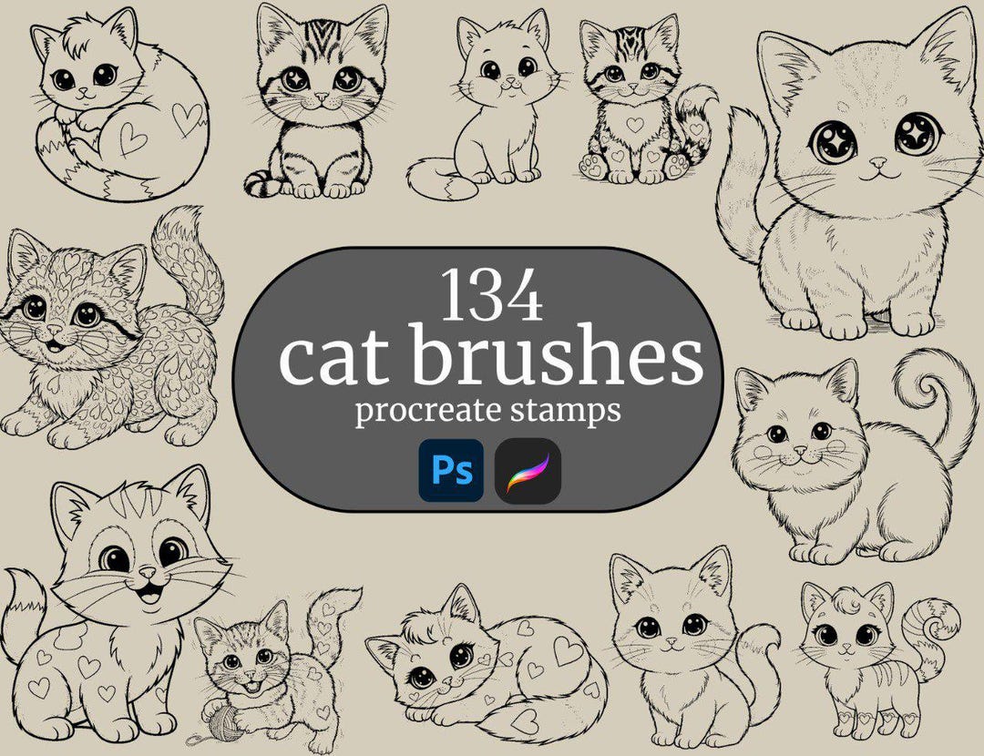 Procreate Cat Stamps: 134 Kawaii Kitty Brushes - Line Art (digital ...