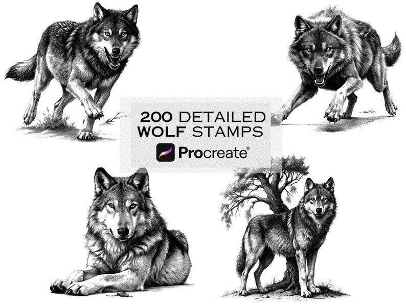 200 Wolf Procreate Stamp Brushes | Wildlife & Forest Animal Stamps ...