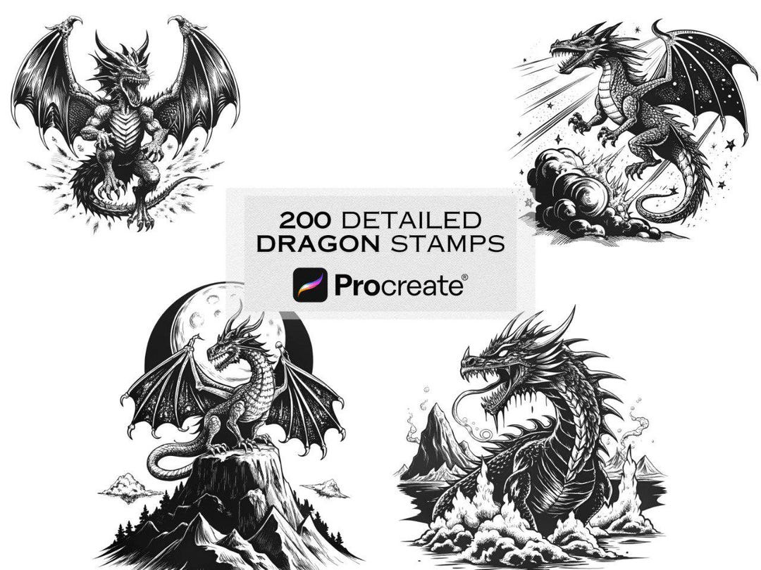 200 Dragon Procreate Stamps | Tattoo-style Dragon Brushes | Instant ...