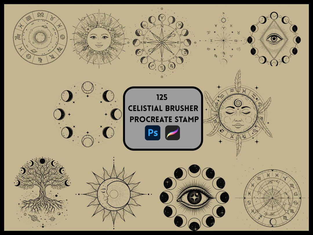 125 Procreate Celestial Stamp Brushes: Moon, Star, Galaxy (digital ...