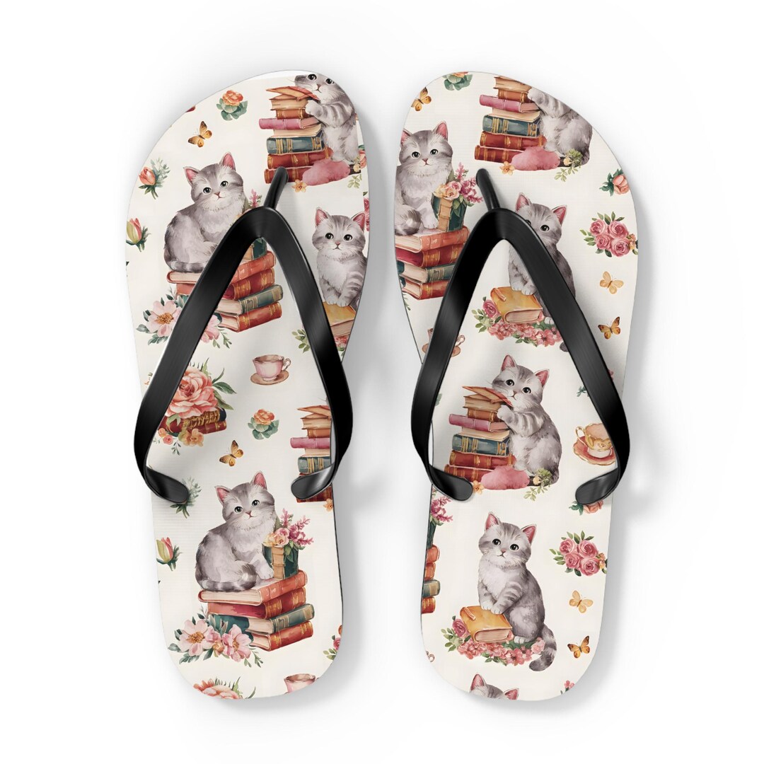 Charming Cat Flip Flops - Floral Summer Sandals for Beach, Garden ...