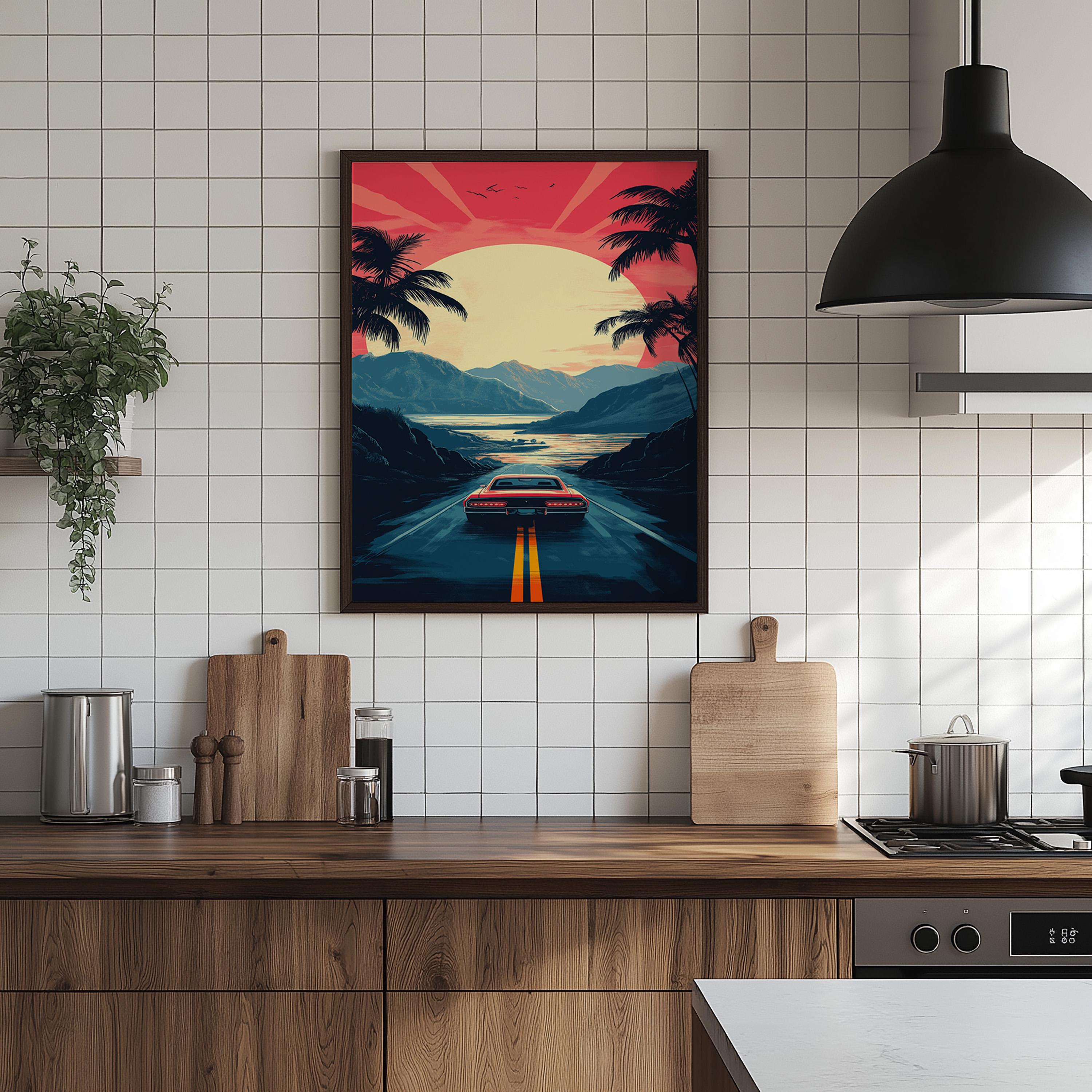 Sun and Sea View Poster Palm Trees and Mountain View Canvas Classic Car ...