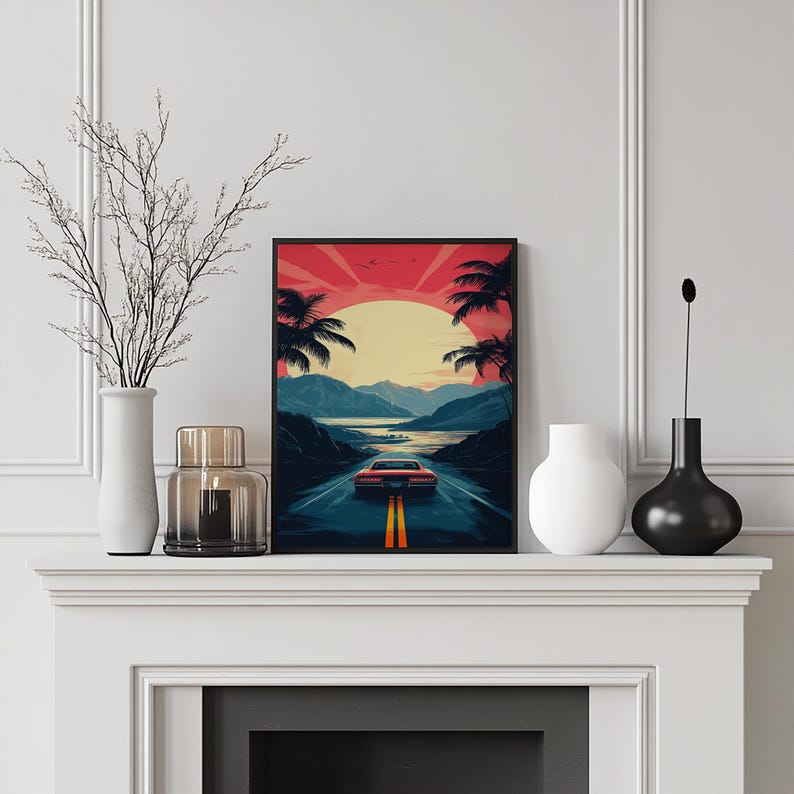 Sun and Sea View Poster Palm Trees and Mountain View Canvas Classic Car ...