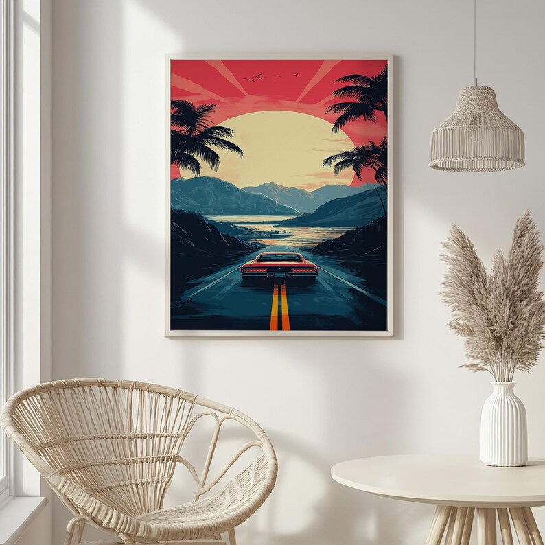 Sun and Sea View Poster Palm Trees and Mountain View Canvas Classic Car ...