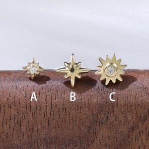 14K Solid Gold Sun & Star Earring Sunburst Starburst Stud Cartilage ...