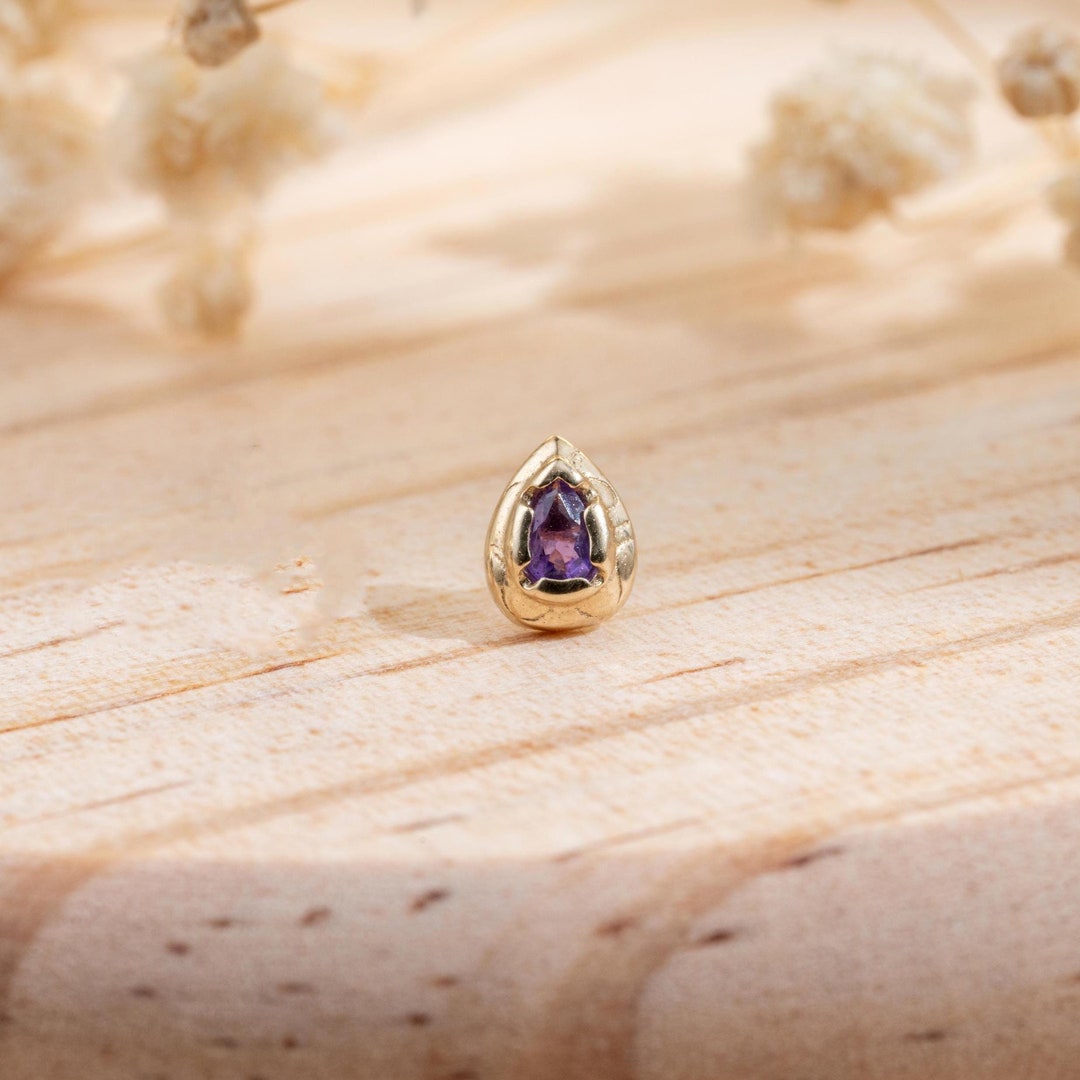 Solid 14K Gold Amethyst Pear Shape Earring Gemstone Cartilage Helix ...