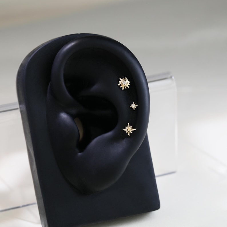 14K Solid Gold Sun & Star Earring Sunburst Starburst Stud Cartilage ...