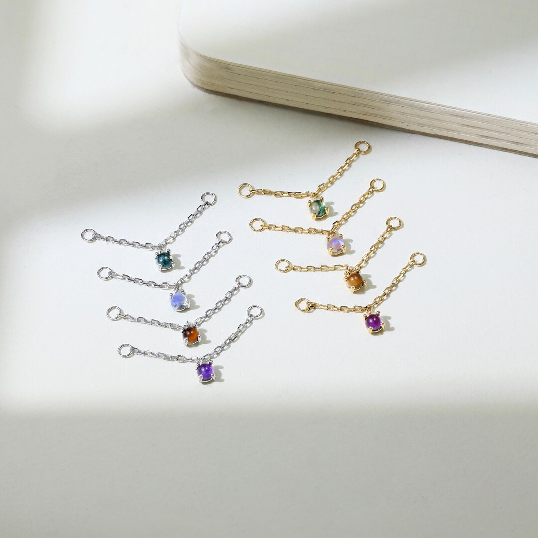 Multiple Color Gemstone Chain Attachment Moss Agate Moonstone Ear Jacket Dangle Charm Tiger Eye ...