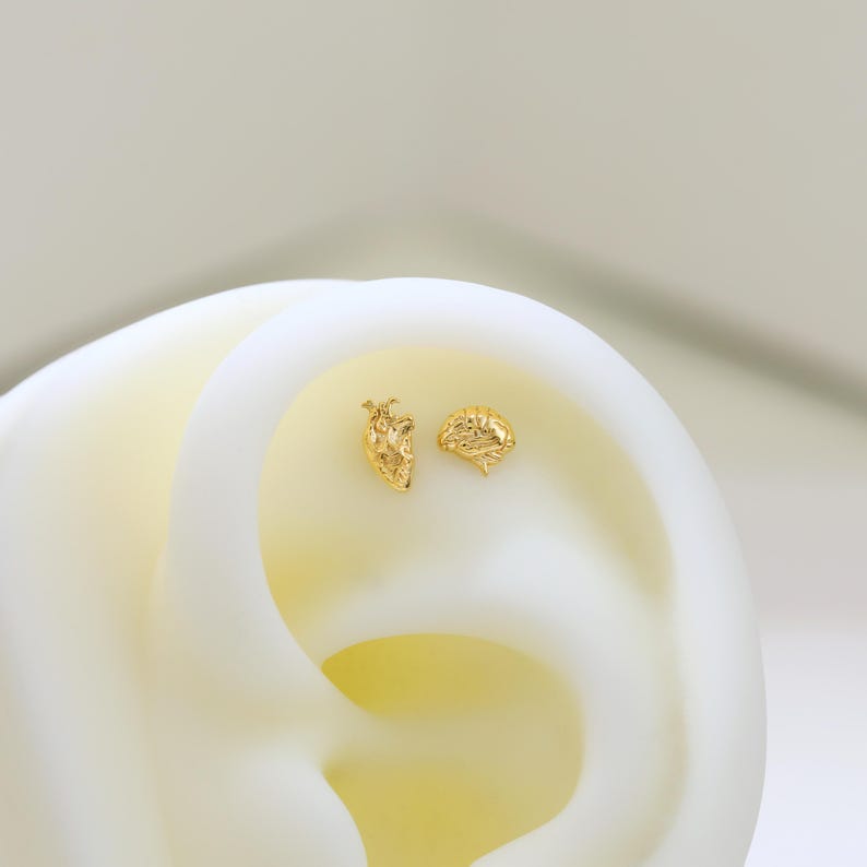Brain & Heart Embossed Pattern Stud Earring Punk Style 925 Silver ...