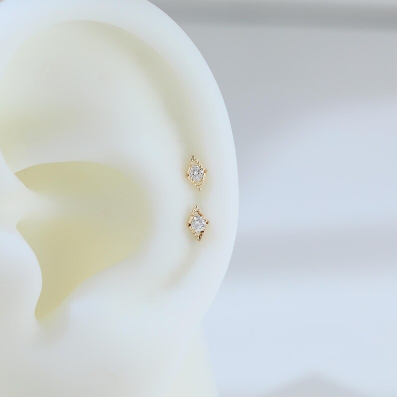 Solid 14K Gold Diamond Rhombus Hollow Out Earring Tiny Diamond Evil Eye ...
