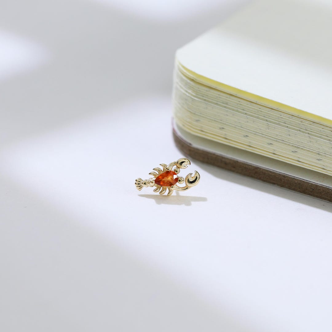 14k Solid Gold Crab Fanta Orange Garnet Earring Animal Motif Pattern Piercing Gemstone Cartilage ...