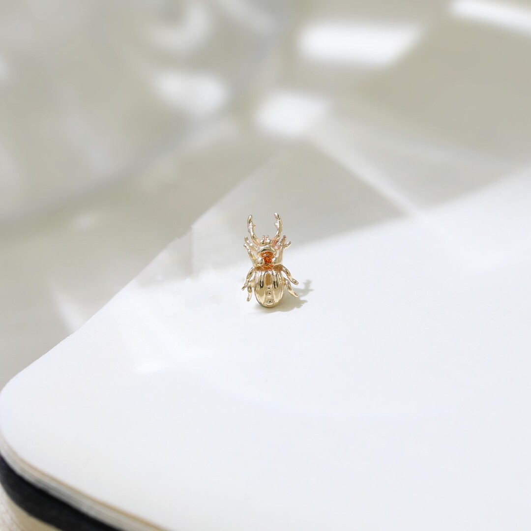 14K Solid Gold Beetle Fanta Orange Garnet Stud Vivid Insect Gemstone ...