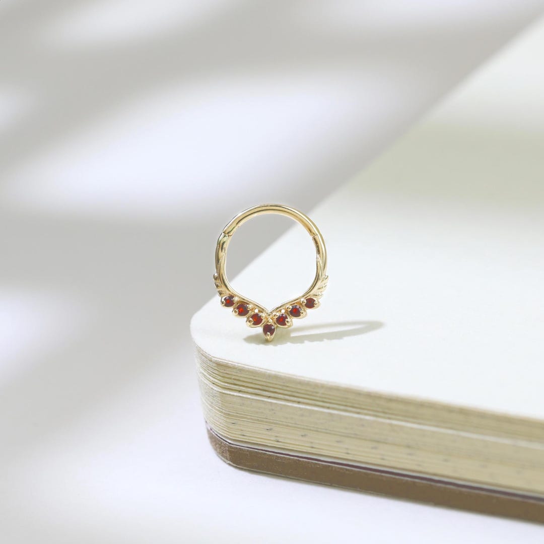 14K Solid Gold Garnet Leaf Pattern Clicker Hoop Spiked Septum Ring ...