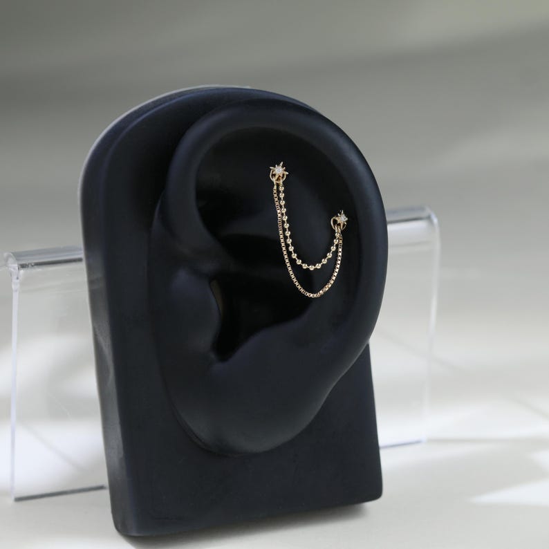 14K Solid Gold Double Chain Attachment Ear Jacket Dangle Chain Charm ...