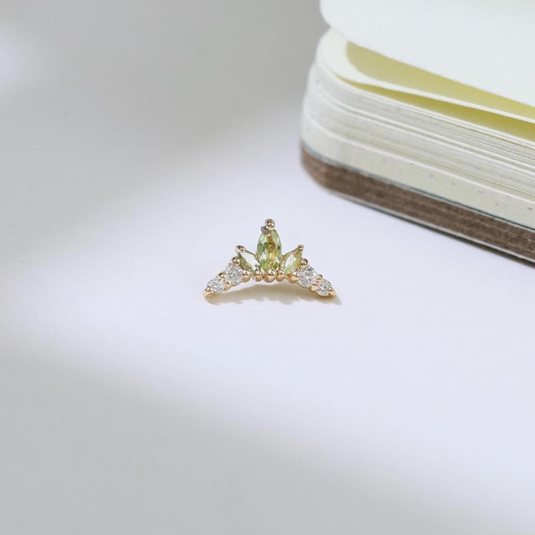 14K Solid Gold Peridot Crown Stud Earring Moissanite Climber Cartilage ...