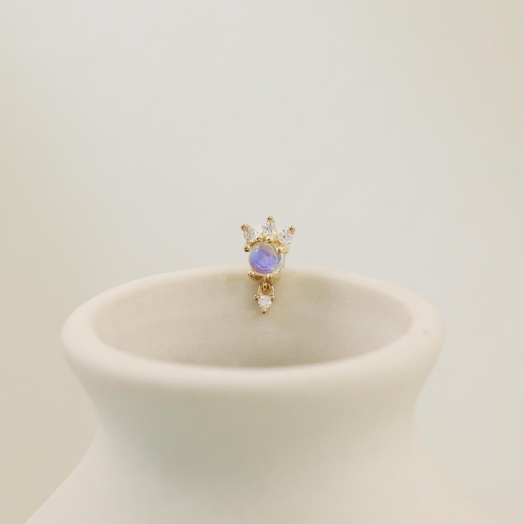 14K Solid Gold Moonstone Crown Stud Earring Moissanite Drop Push Pin ...