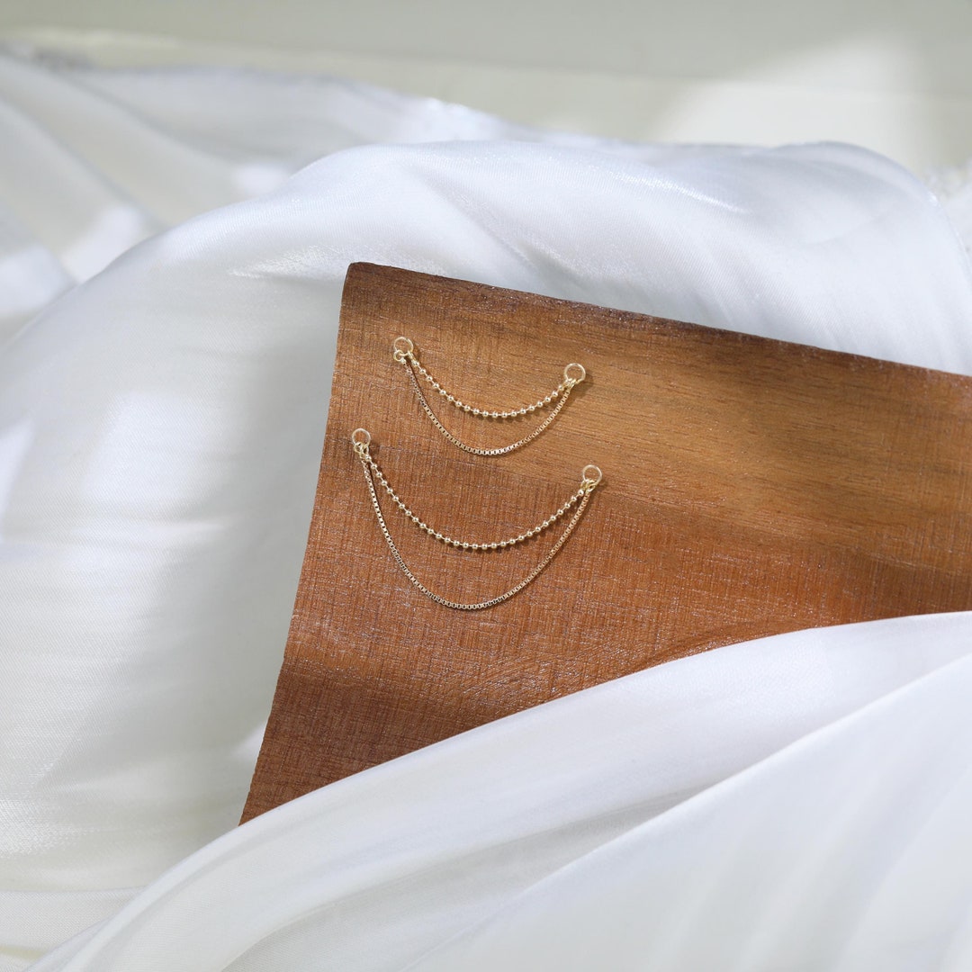 14K Solid Gold Double Chain Attachment Ear Jacket Dangle Chain Charm ...