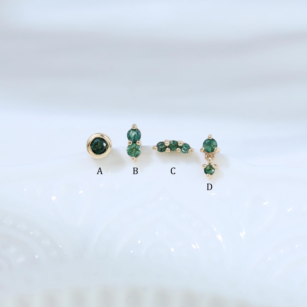 14K Solid Gold Moss Agate Stud Earring Gemstone Climber Cartilage Flat ...