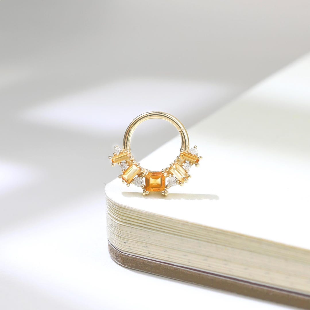 14K Solid Gold Citrine Square Clicker Hoop Moissanite Septum Ring ...