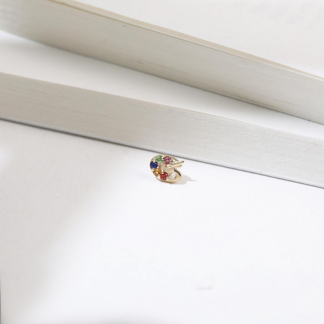 14K Solid Gold Paint Palette Earring Multiple Color Gemstone Artist's ...