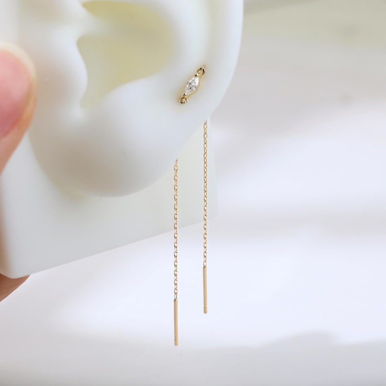 14K Solid Gold Moissanite Cartilage Threader Earring Gemstone Ear Wire ...