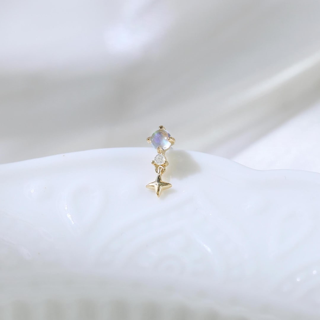 14K Solid Gold Moonstone Dangle Star Stud Earring Moissanite Push Pin ...