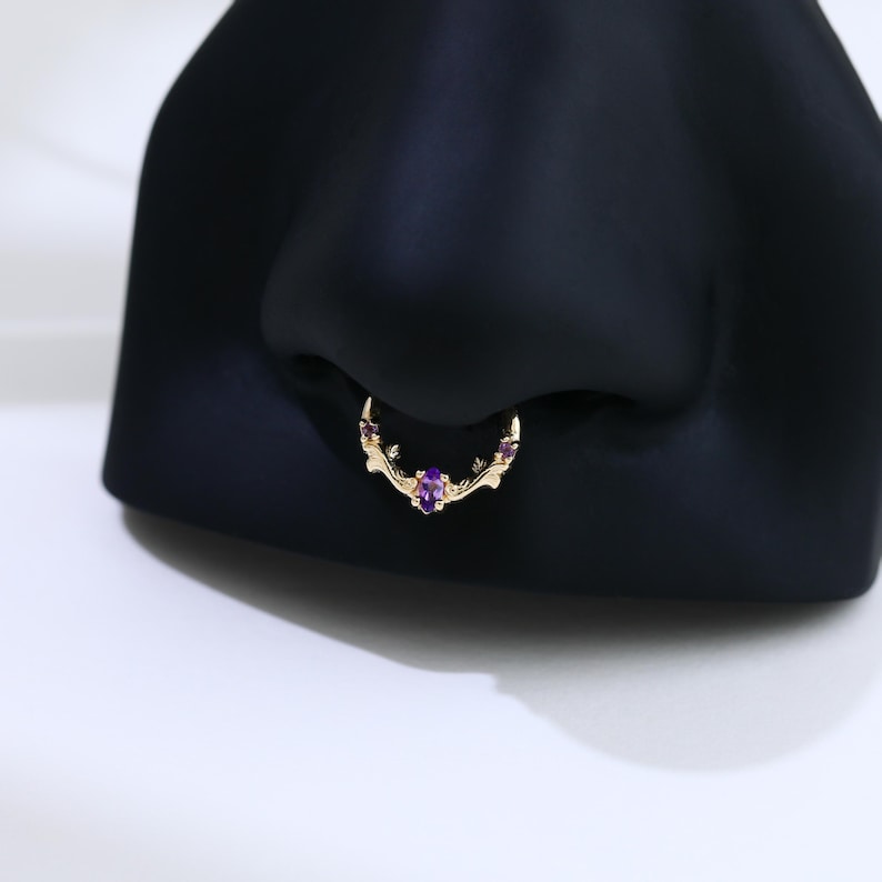14K Solid Gold Amethyst Floral Clicker Earring: Leaf Daith Septum Nose ...