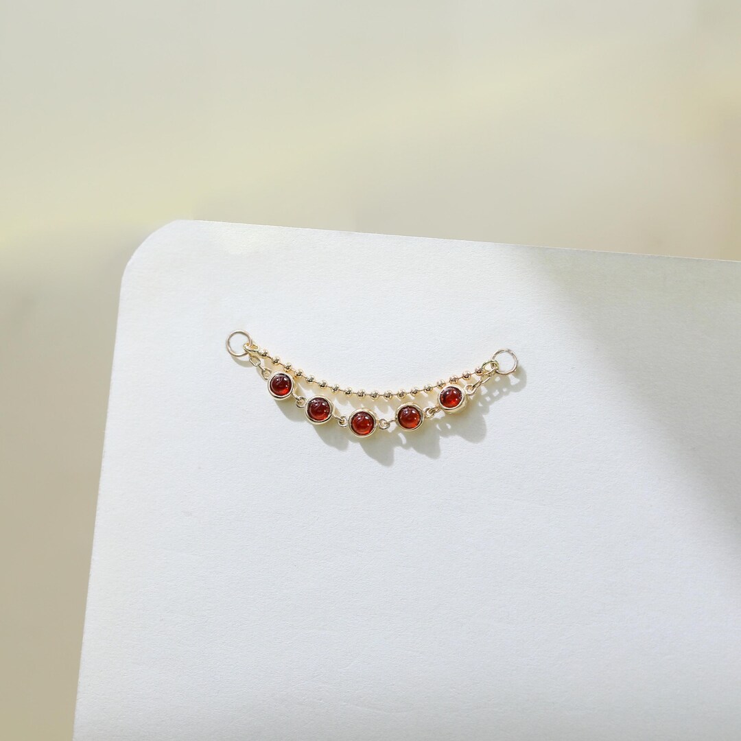 Solid 14K Gold Garnet Double Beaded Chain Attachment Dangle Ear Jacket ...